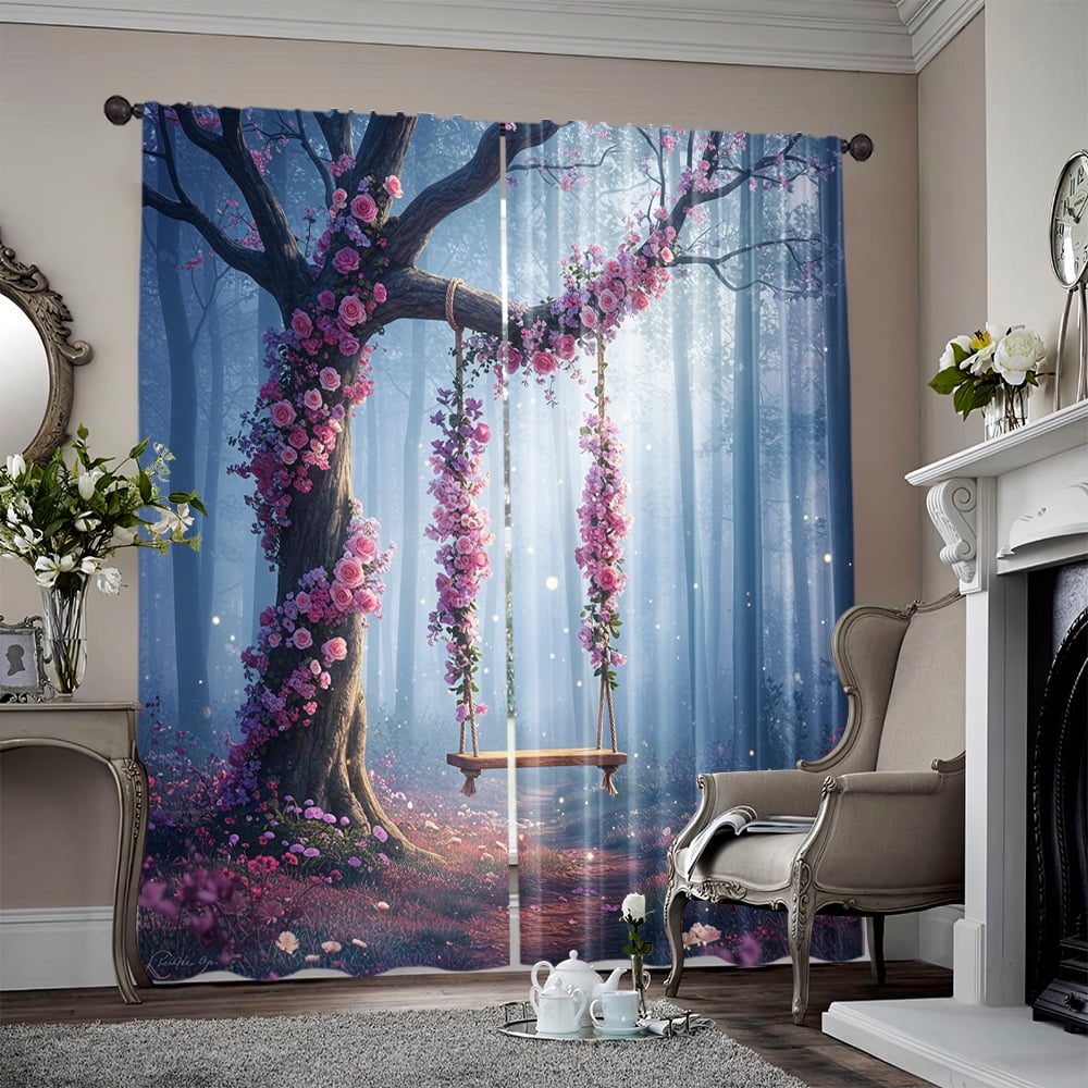 2pcs 2D flat Curtain Glowing pink and purple petals fall Versatile ...