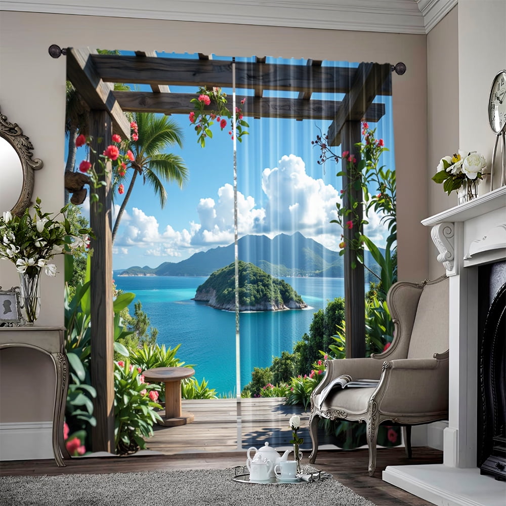 2pcs 2D flat Drapes Beautiful Landscape Printing Polyester Without ...