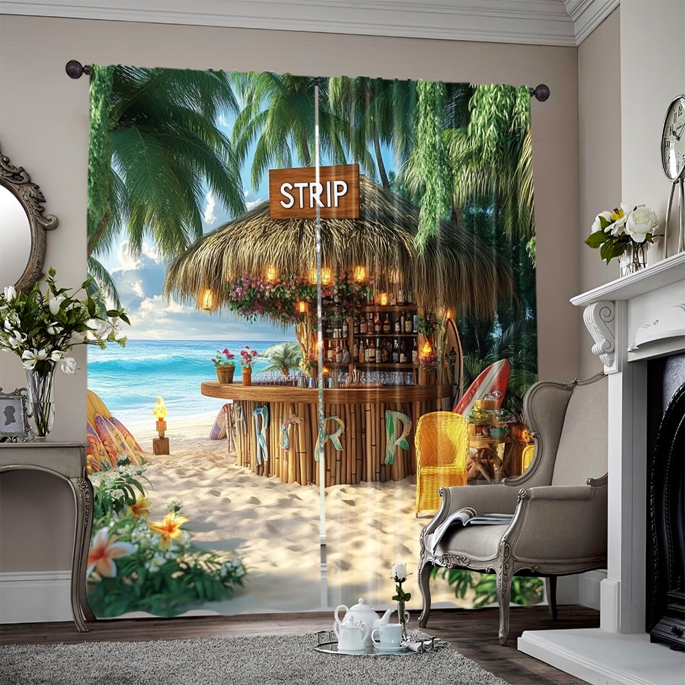 2pcs 2D flat Party Curtains Flower Beach Cottage Landscape Map ...