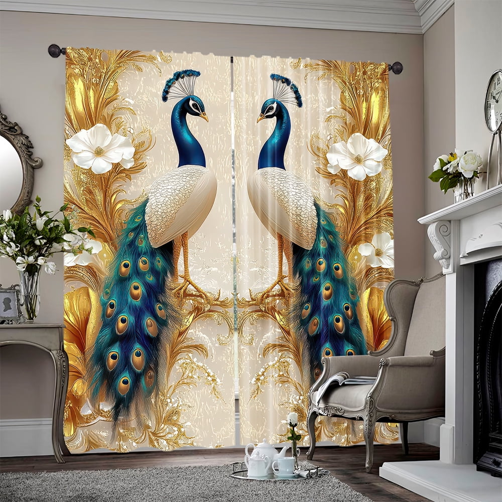 2pcs 2D flat Scene Curtain Gorgeous Peacock Versatile Polyester Without ...