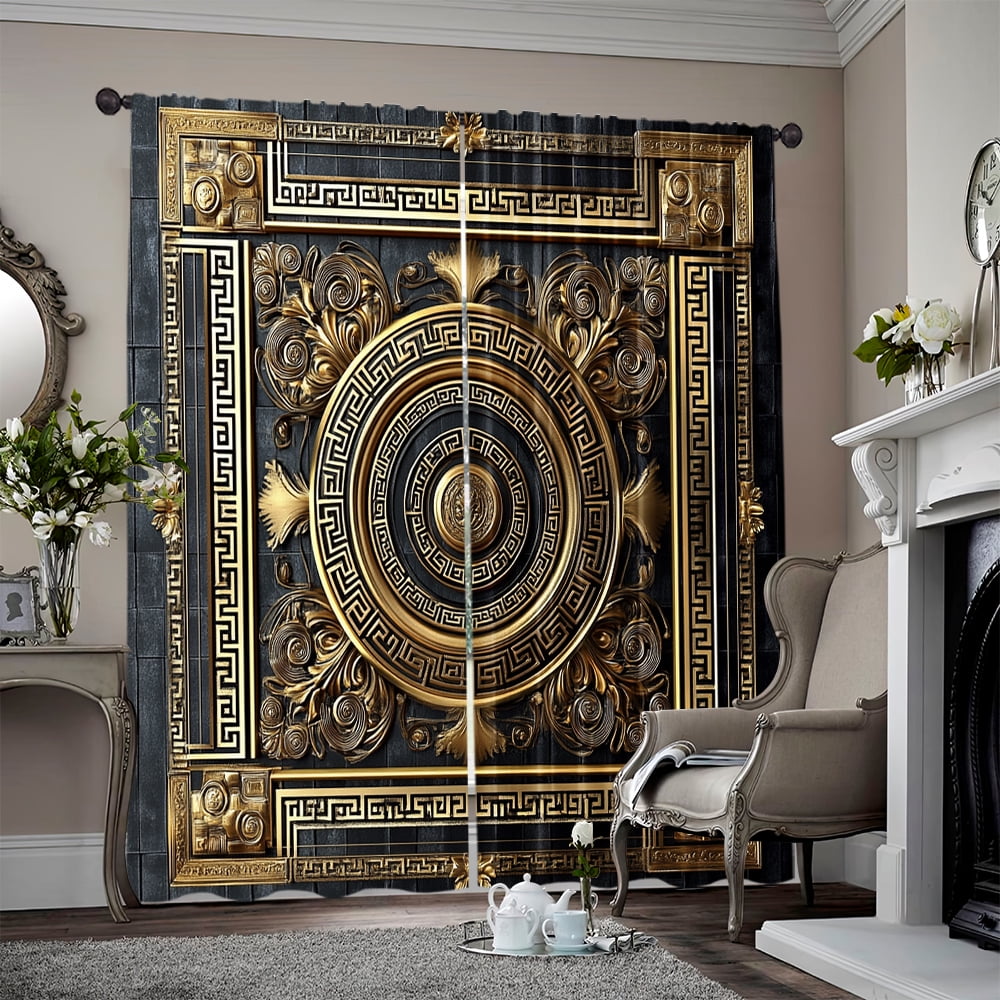 2pcs 2D flat Window Curtains Ancient Greek temple style gold pattern ...