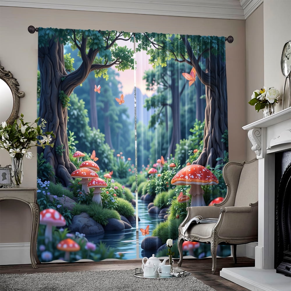 2pcs 2D flat Window Curtains Forest mushroom butterfly print Light ...