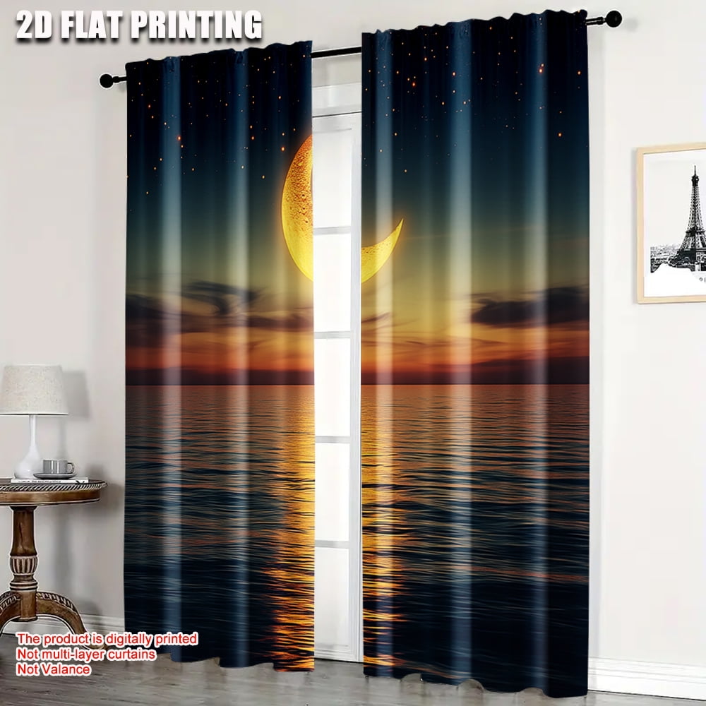 2pcs 2D flat printing Curtain Moon Ocean Starry Night Artwork Versatile ...