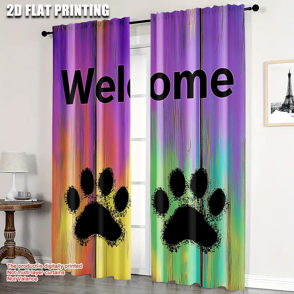 2pcs 2D flat printing Curtains Welcome Paw Print Colorful Polyester ...