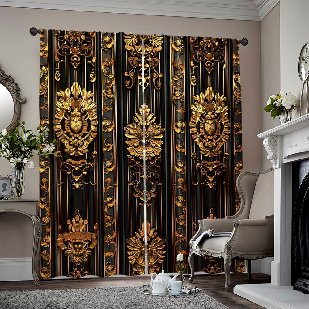 2pcs 2D flat printing Party Window Curtains Ornate Carving Picture ...