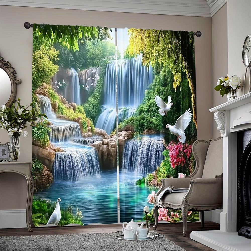 2pcs 2D flat printing Scene Curtain Waterfall Landscape Pigeons Peace ...