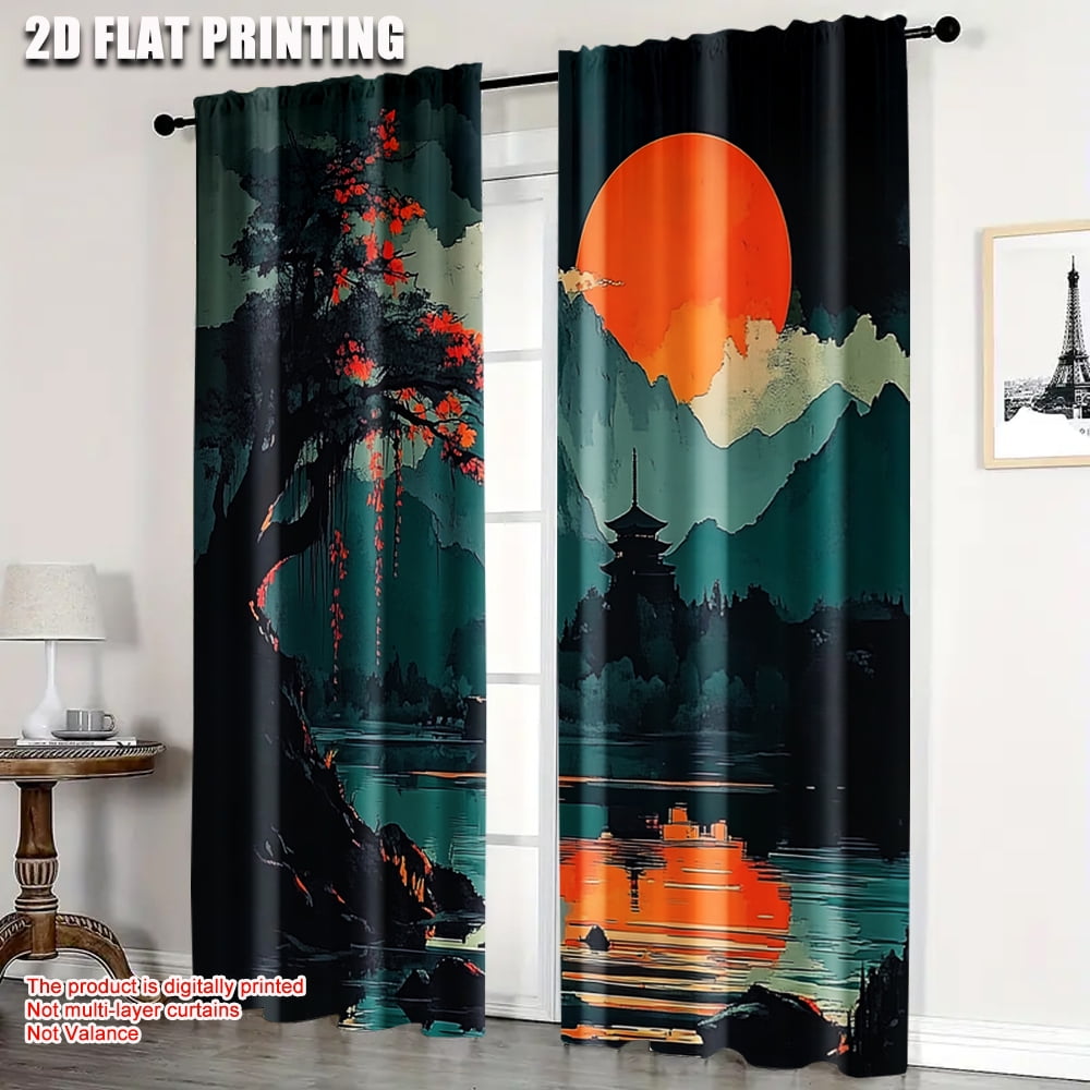 2pcs 2D flat printing Scene Curtains Painting Japanese Landscape Orange ...