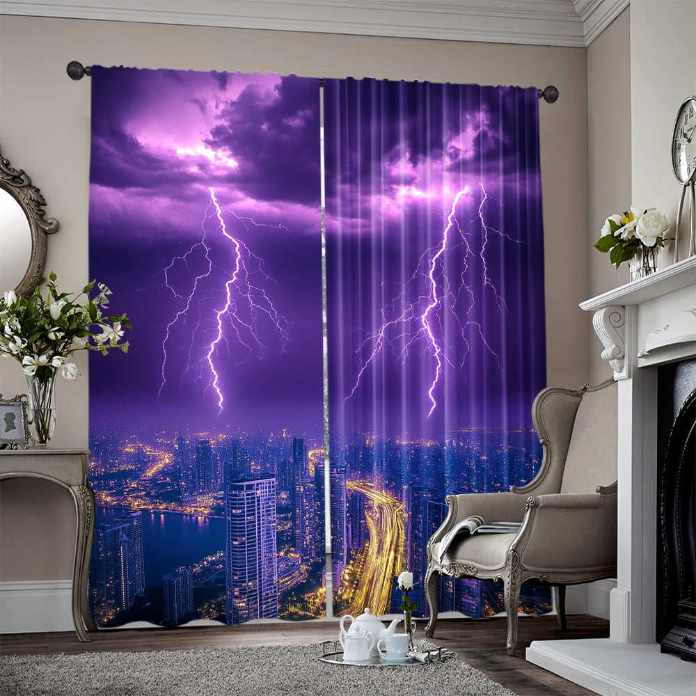 2pcs 2D flat printing Window Curtains City Lightning Night Sky Art ...