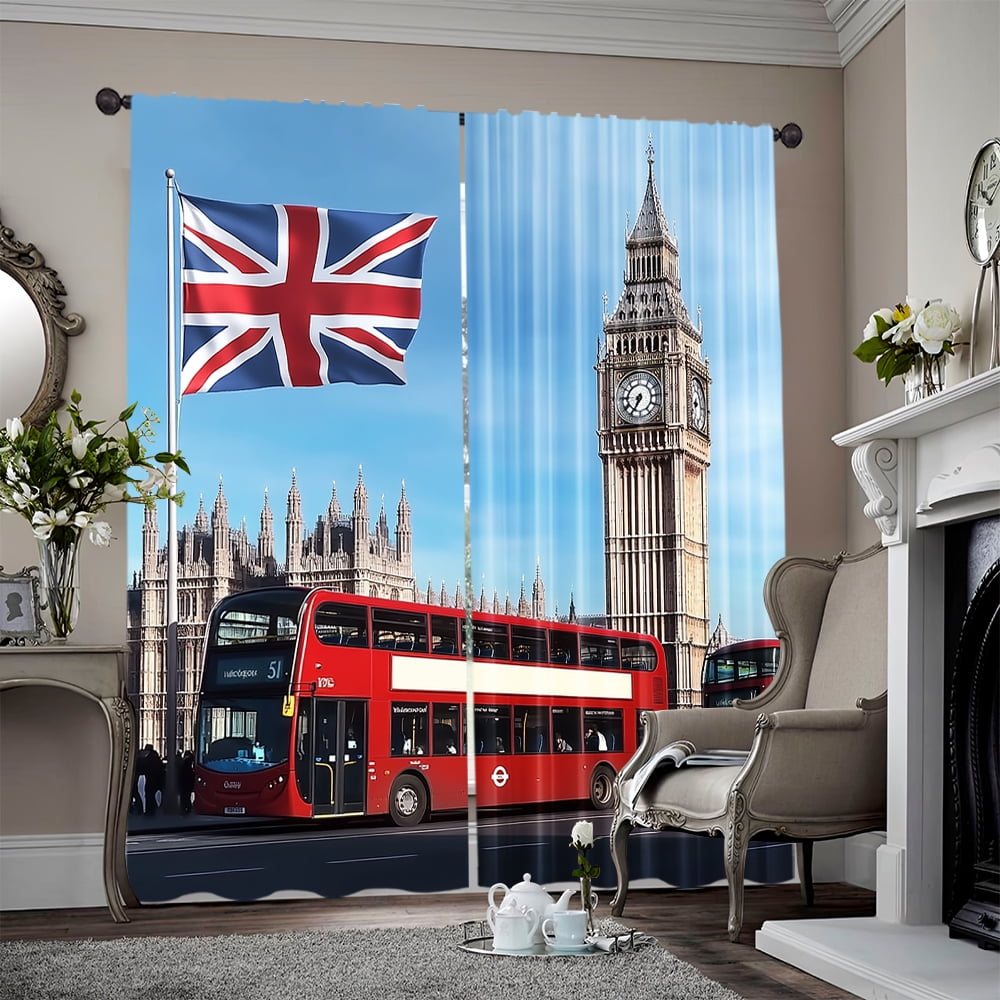 2pcs 2D flat printing Window Curtains London Bus Big Ben Flag Machine ...