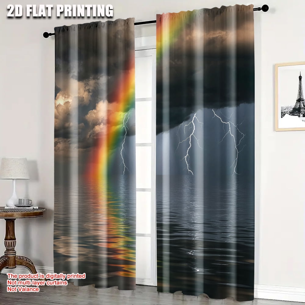 2pcs 2D flat printing Window Curtains Storm Lightning Cloud Water ...