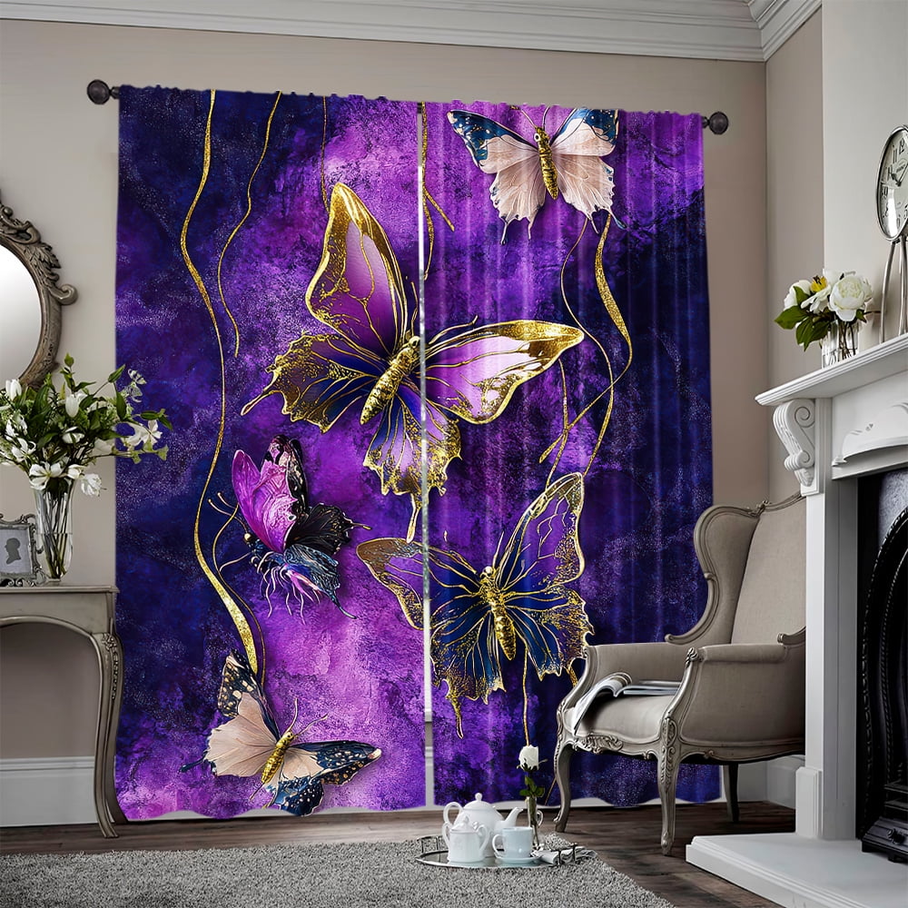 2pcs 2D flat printing Window Drapes Butterfly Gold Abstract Art Print ...