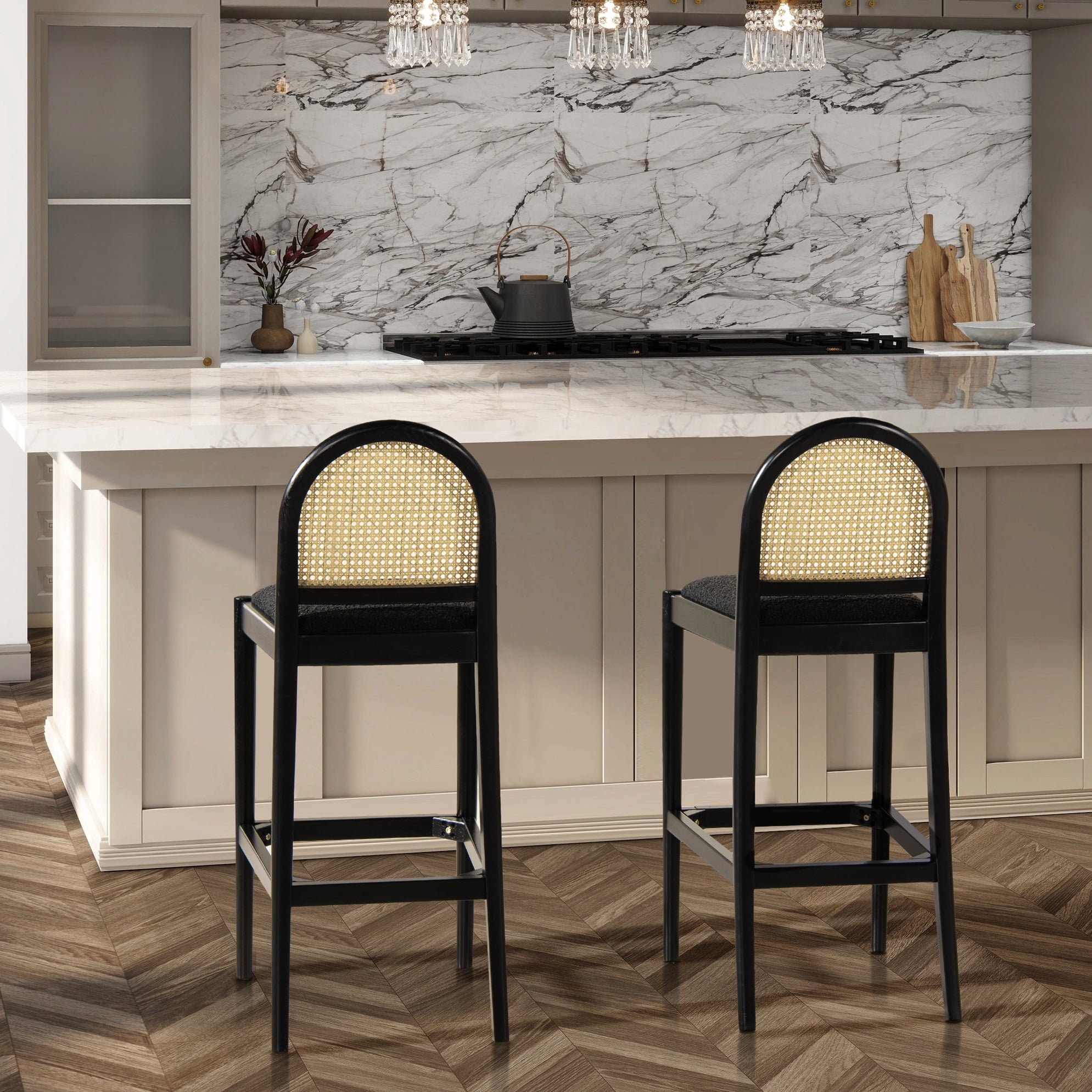 2pcs 30.5" Curved Back Cane Bar Stools, Ebony Black Boucle. Medium ...