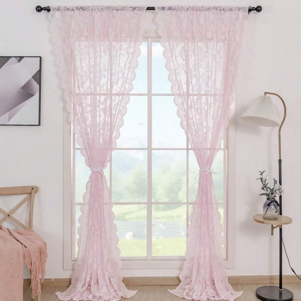 2pcs 55inch*63inch Pink Floral Lace Sheer Curtains, Rod Pocket ...