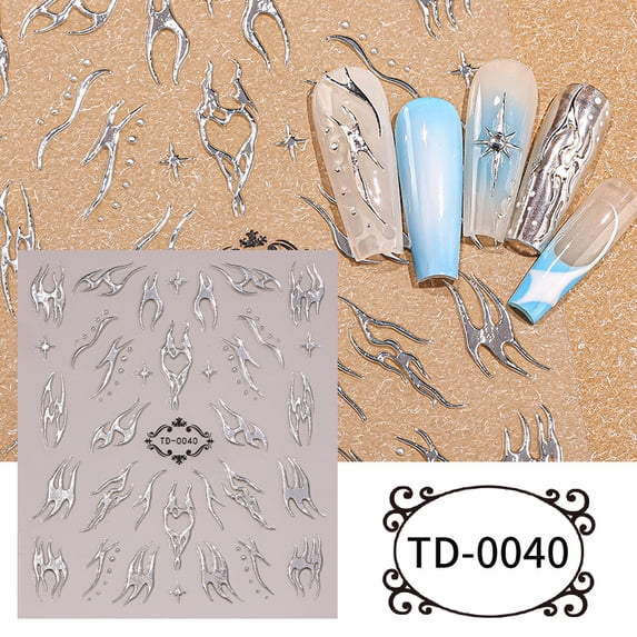 2pcs 5D Nail Art Stickers, Embossed Metallic Silver Flame Tip Soft Gel ...