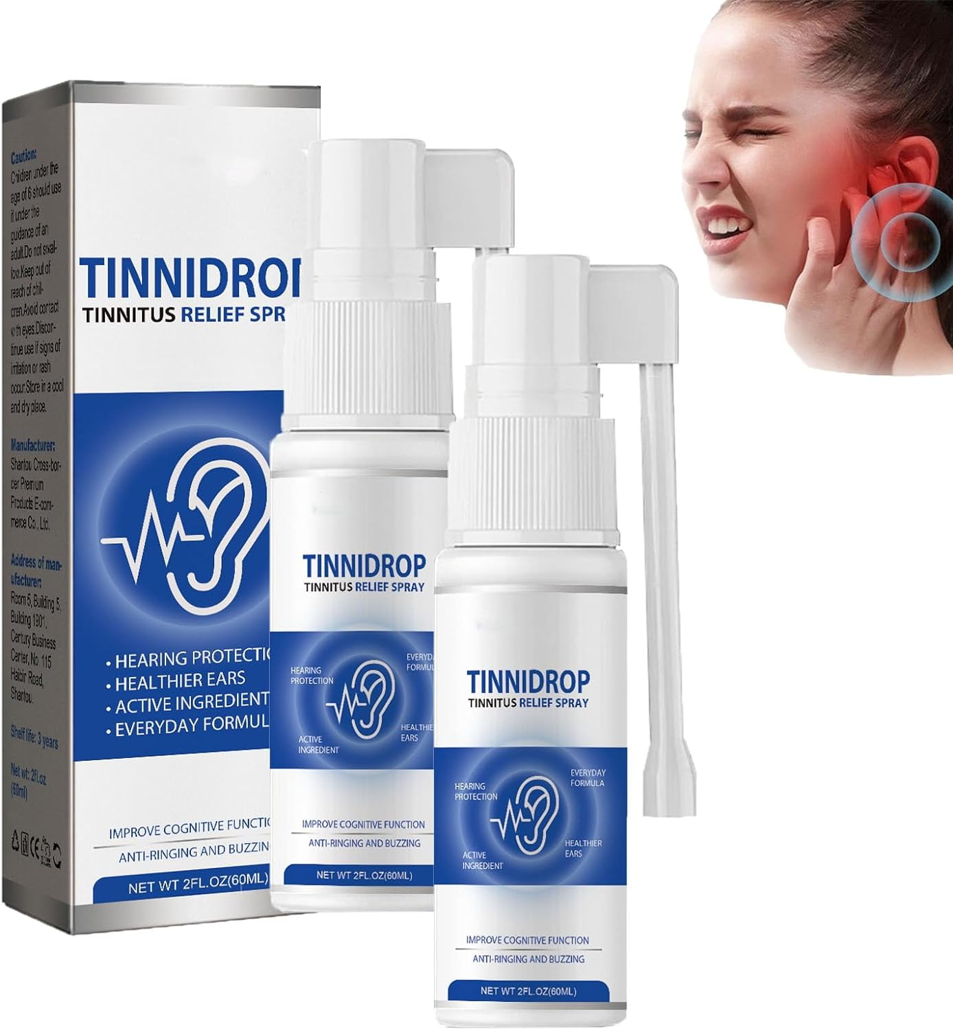 2pcs 60ml Ear Ringing Spray Relief Ear Drops To Help Stop Ringing In