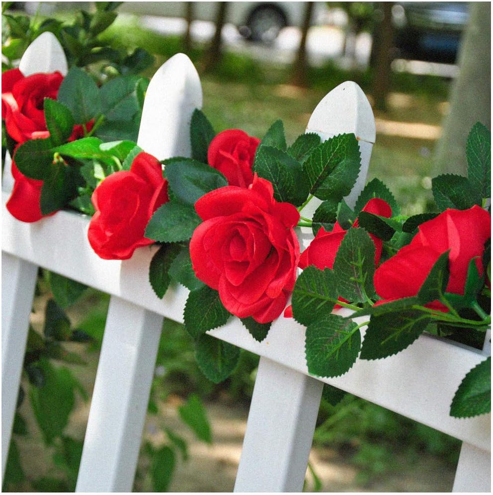2pcs 7.4FT Artificial Rose Vine with 16pcs Silk Rose Flowers Green Leaf ...