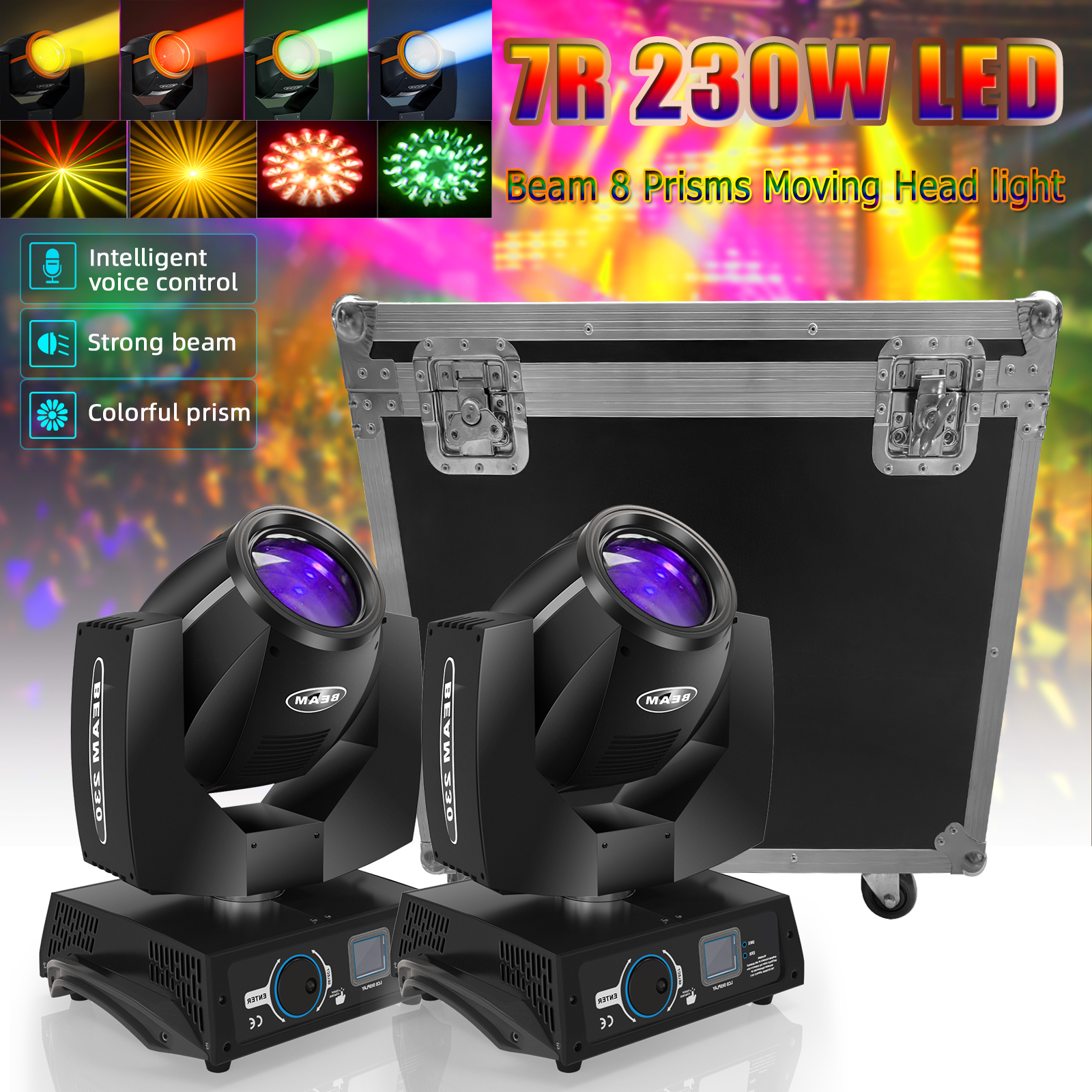 2pcs 7R 230W DJ Lights with Flight Case, 8 Prisms Beam Sharpy Moving Head Lights, 17 Gobos 14 ...