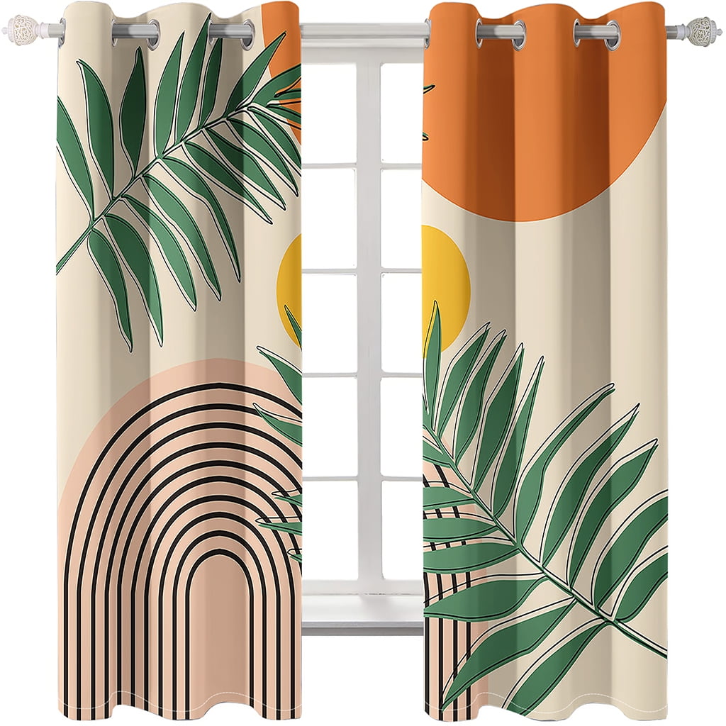 2pcs Abstract Mid Century Kitchen Curtains Boho Modern Green Leaves ...