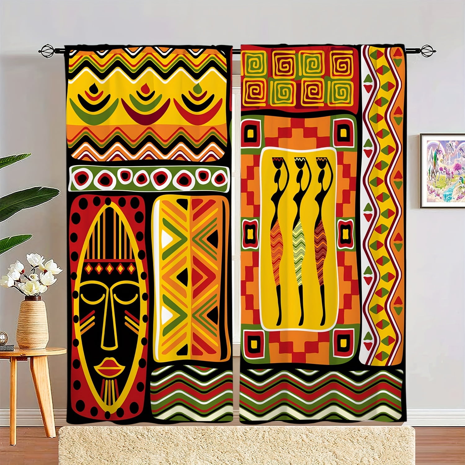 2pcs African Pattern Ethnic Ancient Curtain Colorful Tribal History ...