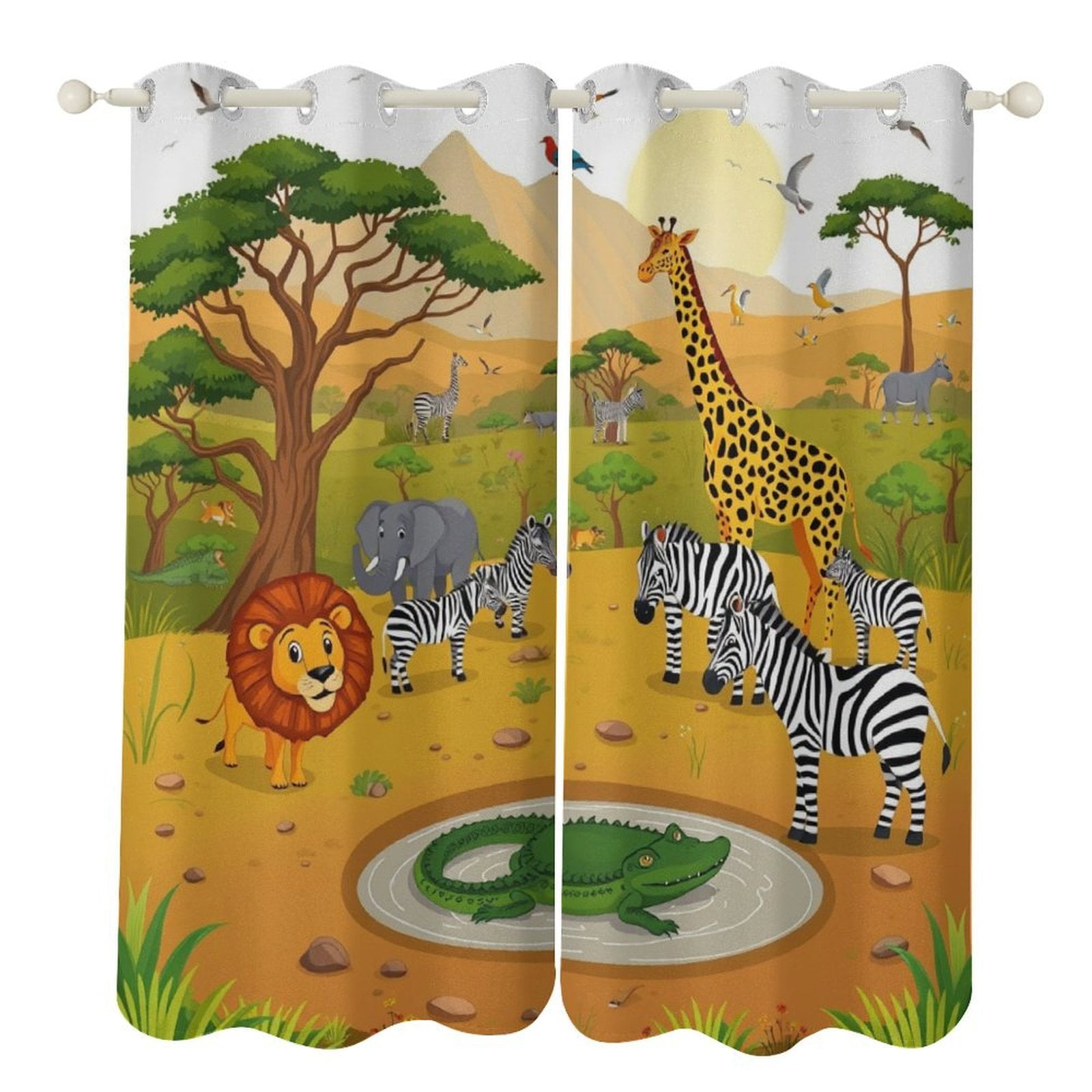 2pcs African Wildlife Scene Curtains For Living Room Grommet Top Window ...