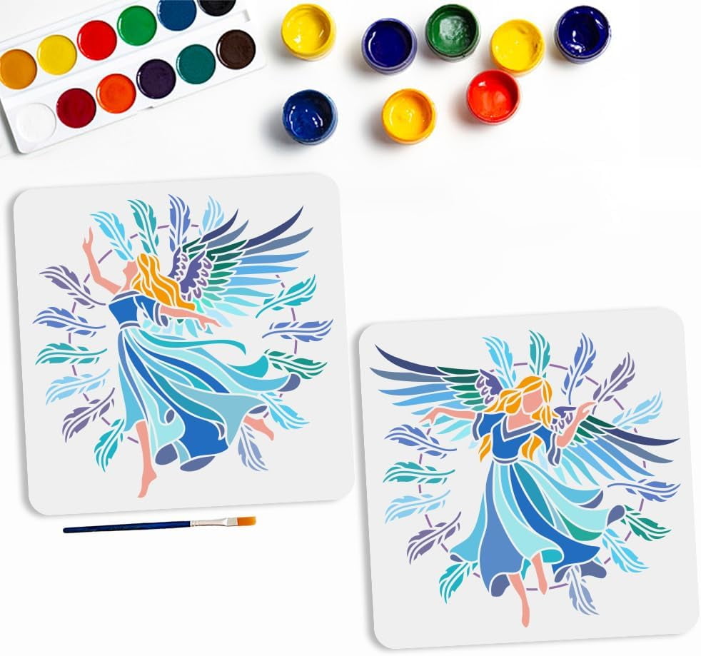 2pcs Angel Wing Stencil 11.8x11.8inch Feather Angel Circle Plastic ...