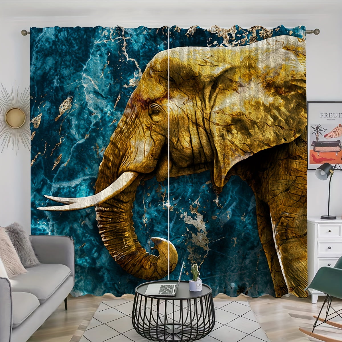 2pcs Animal Elephant Pattern 3D Curtain Rod Pocket rative Window Drapes ...