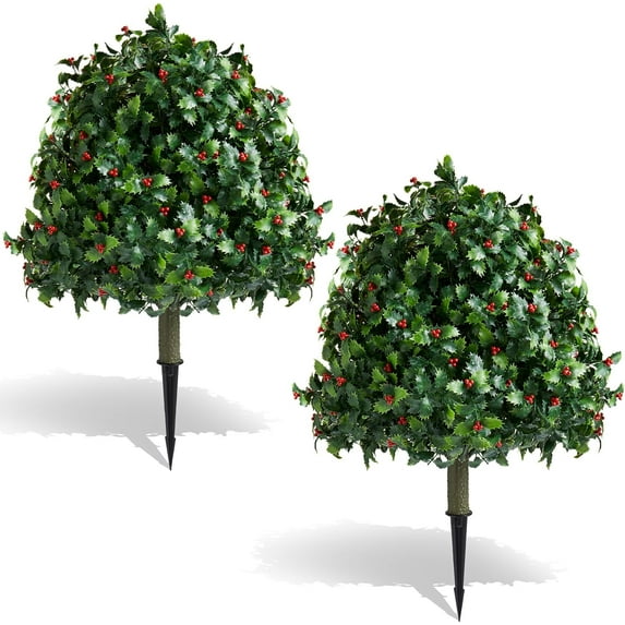 2pcs Artificial Bushes Holly Spray Berries Cedar Leaf Stems Christmas ...