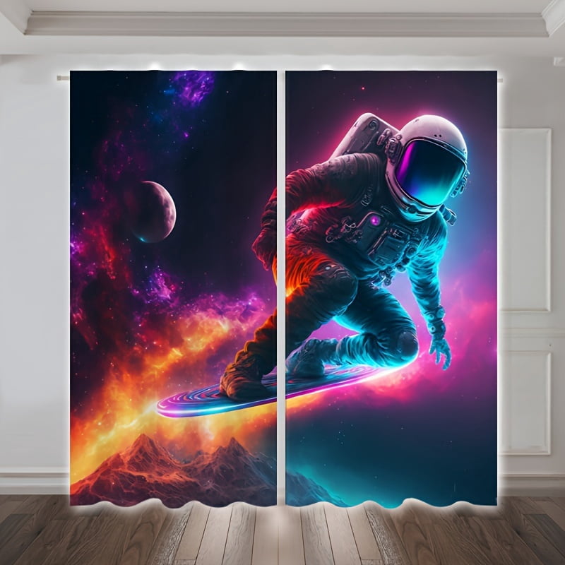 2pcs Astronaut Space Landscape Printed Curtain Privacy Window Drapes ...