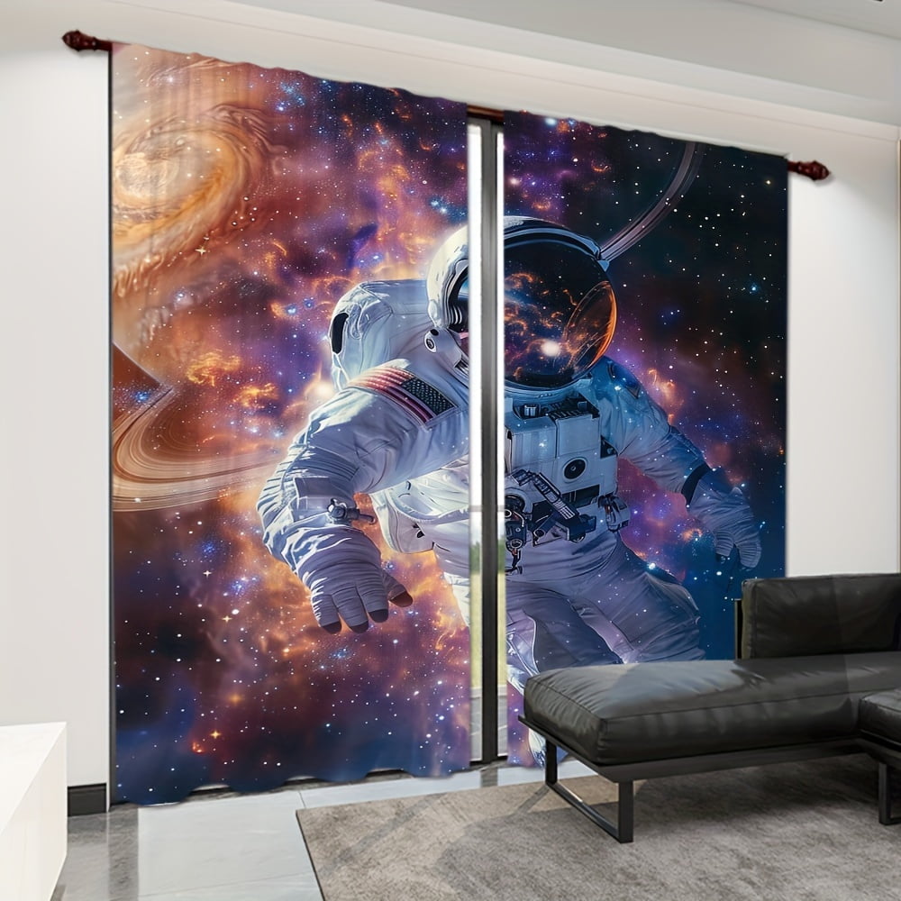 2pcs Astronaut Space Landscape Printed Curtain Privacy Window Drapes ...