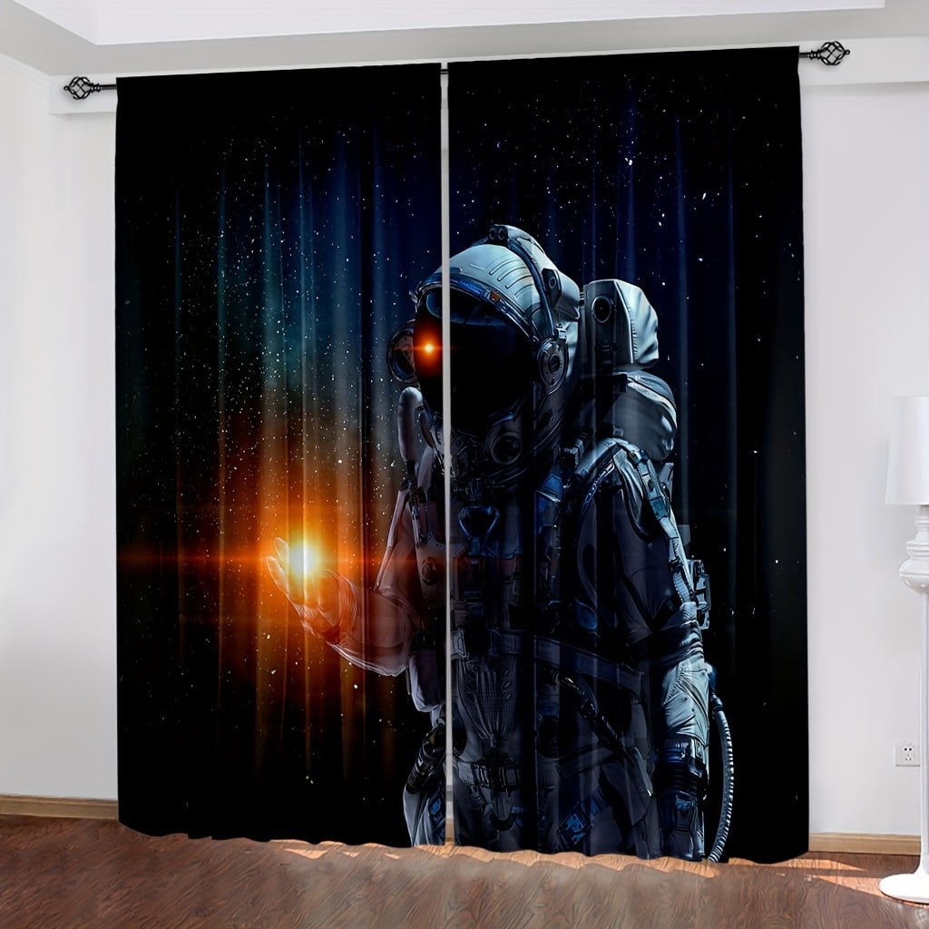 2pcs Astronaut Space Landscape Printed Curtain Privacy Window Drapes ...