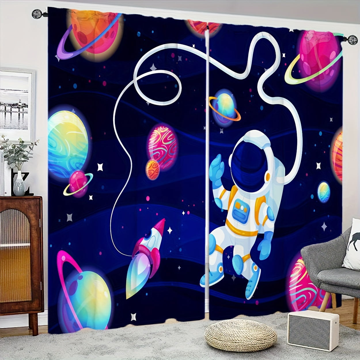 2pcs Astronaut Space Landscape Printed Curtain Privacy Window Drapes ...