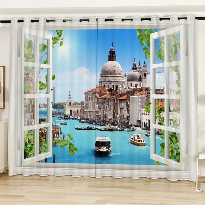 2pcs Balcony Landscape Style Printed Curtain For Home r Rod Pocket ...