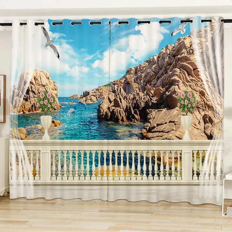 2pcs Balcony Landscape Style Printed Curtain For Home r Rod Pocket ...