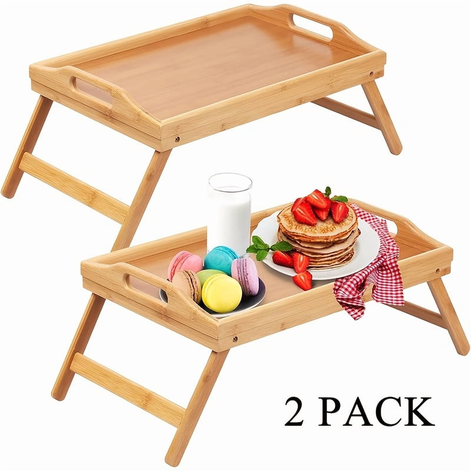 2pcs Bamboo Breakfast Tray - Folding Legs & Handles, Stable Bed/Sofa ...