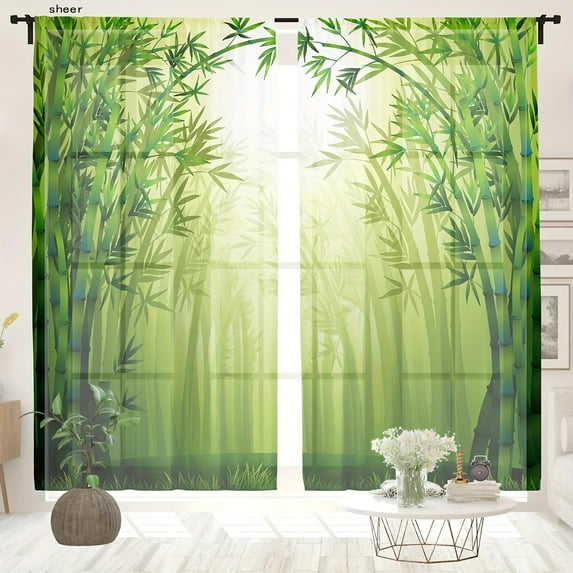 2pcs Bamboo Leaf Plants Leaf Prints Curtain Semi Transparent For Living ...