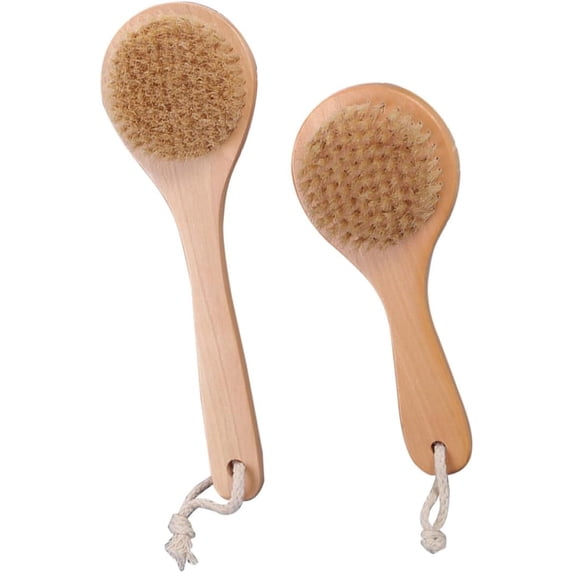 2pcs Bath Brush Set Round Natural Boar Bristles, Long Handle Back ...
