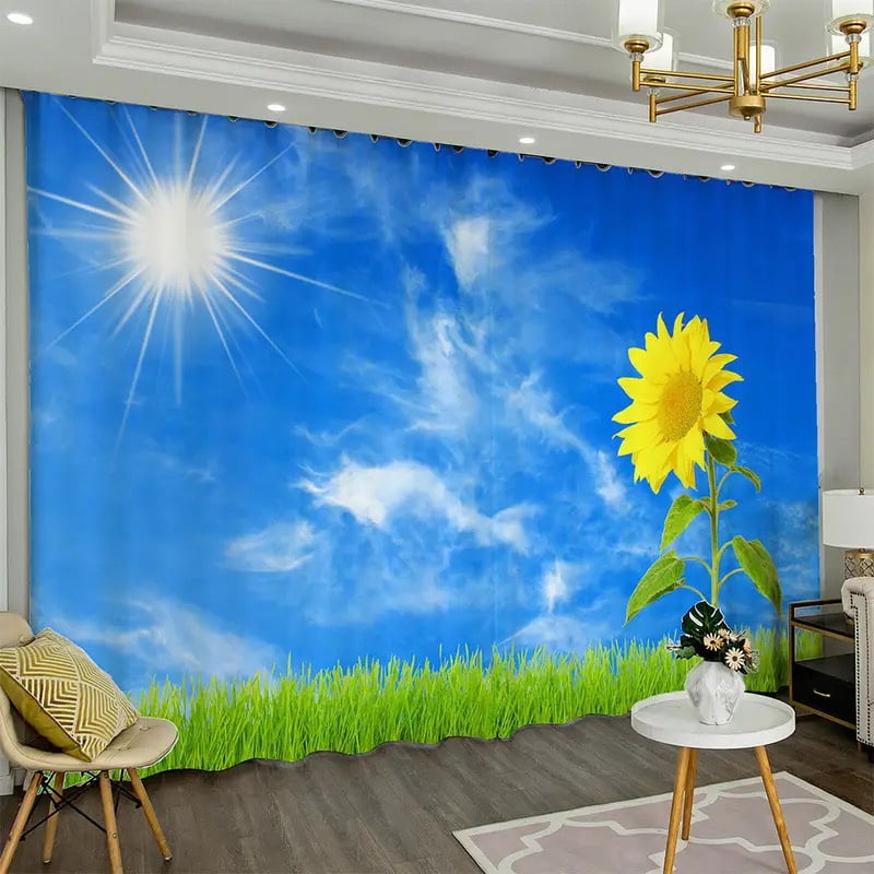 2pcs Beach Landscape Printed Curtains Anti-UV Window Treatment For ...