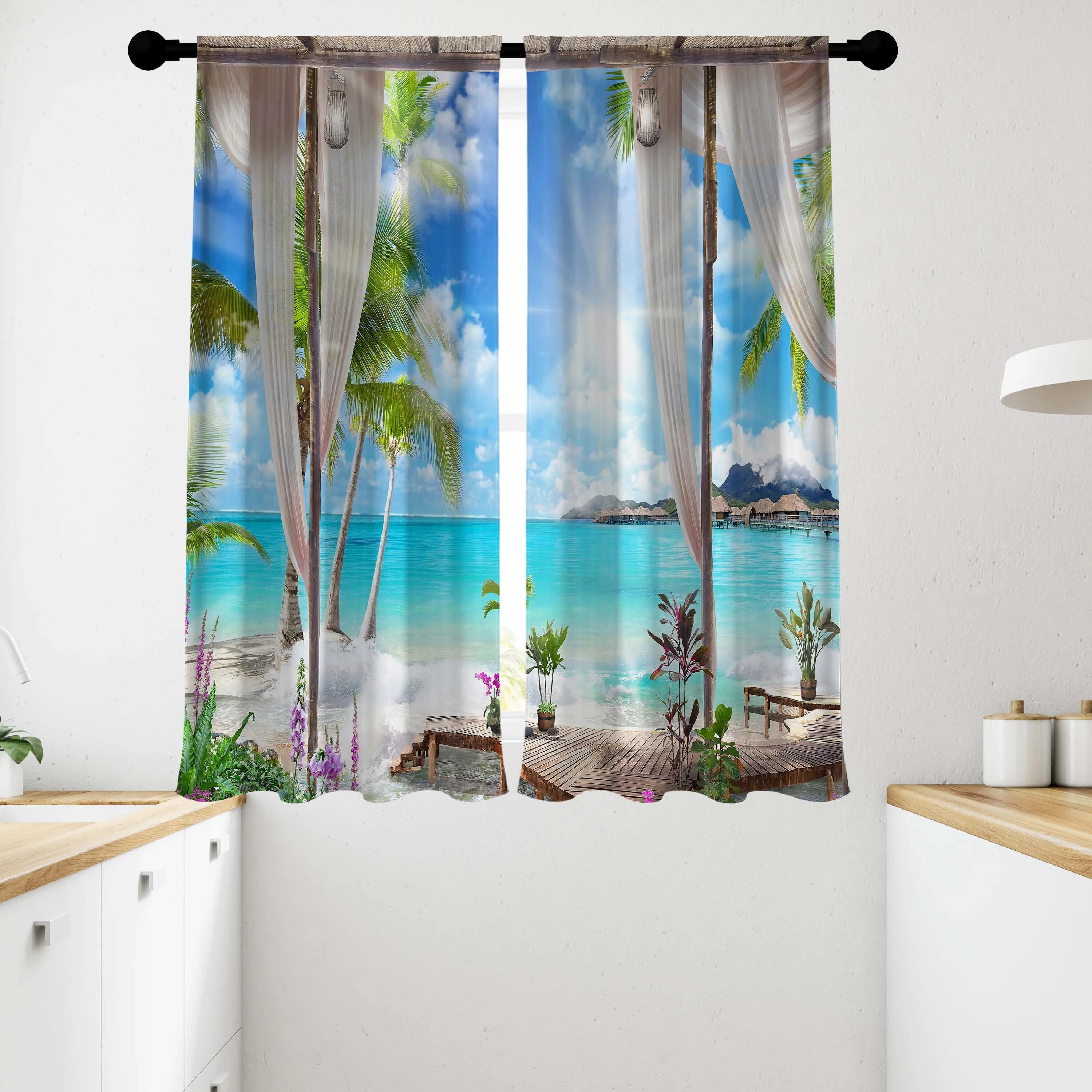 2pcs Beach Scenery Sunset Ocean Window Decorative Curtains For Living ...