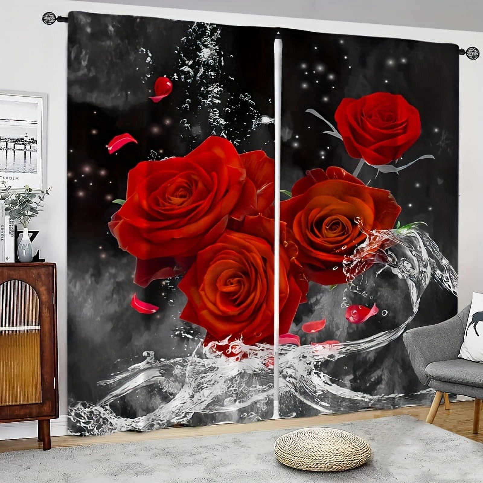 2pcs Beautiful Red Roses Privacy Protection Living Room Curtain ...