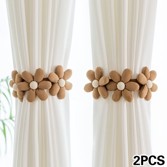 2pcs Beige And Curry 3 Flower Design 3D Floral Adjustable Snap Curtain ...