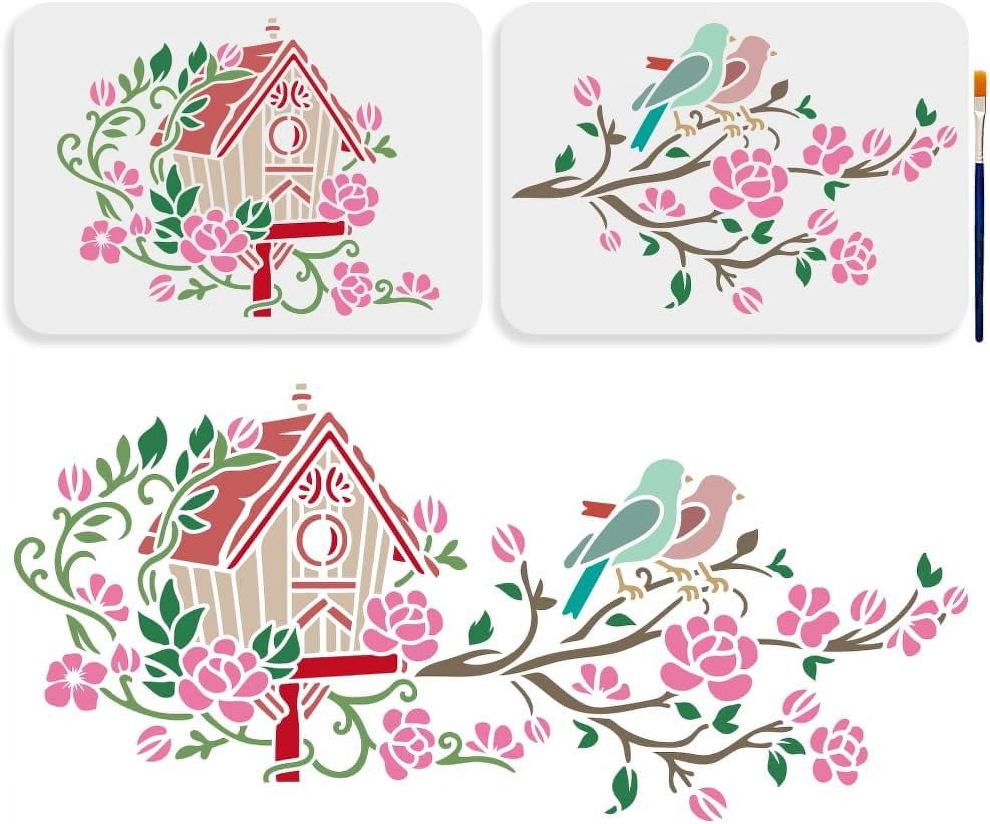 2pcs Birds Nest Stencil 11.7×8.3inch Flower Leaves Tree Branch Stencils ...