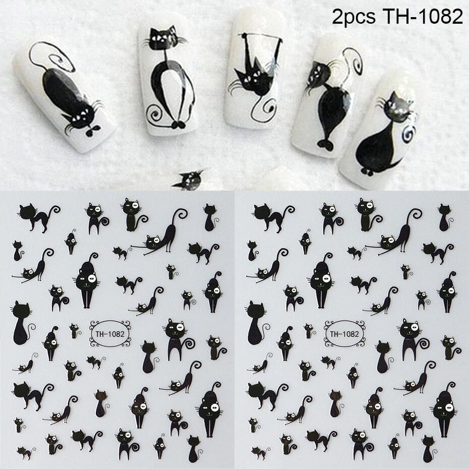 2pcs Black Cat Nail Stickers 3D Cute Cartoon Animal 3D Self-Adhesive ...