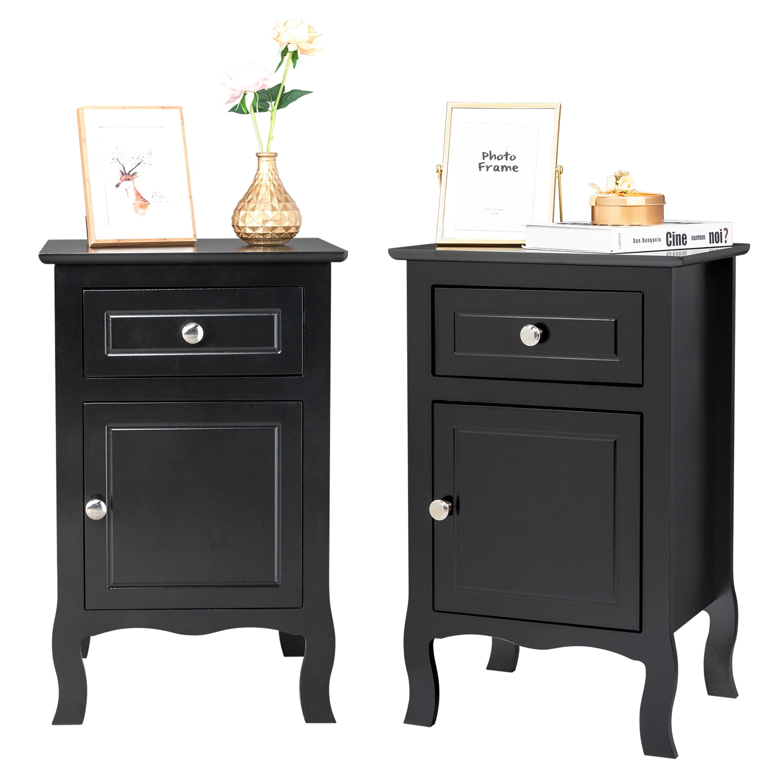 2pcs Black Country Style Night Table with Curved Feet, One Drawer & One ...