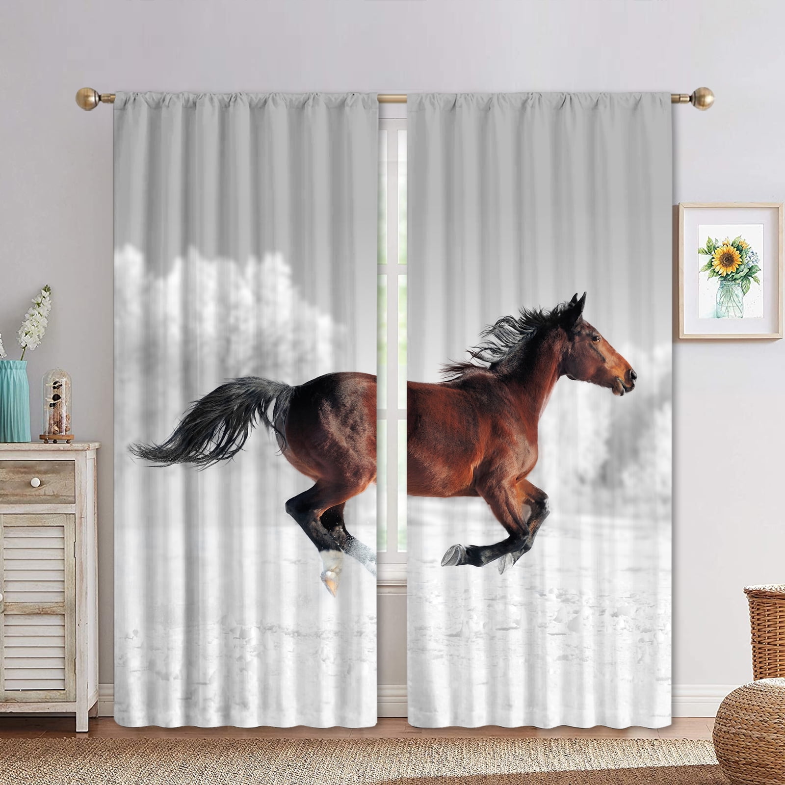 2pcs Black White Horses Competing Racing Printing Window Curtains for ...