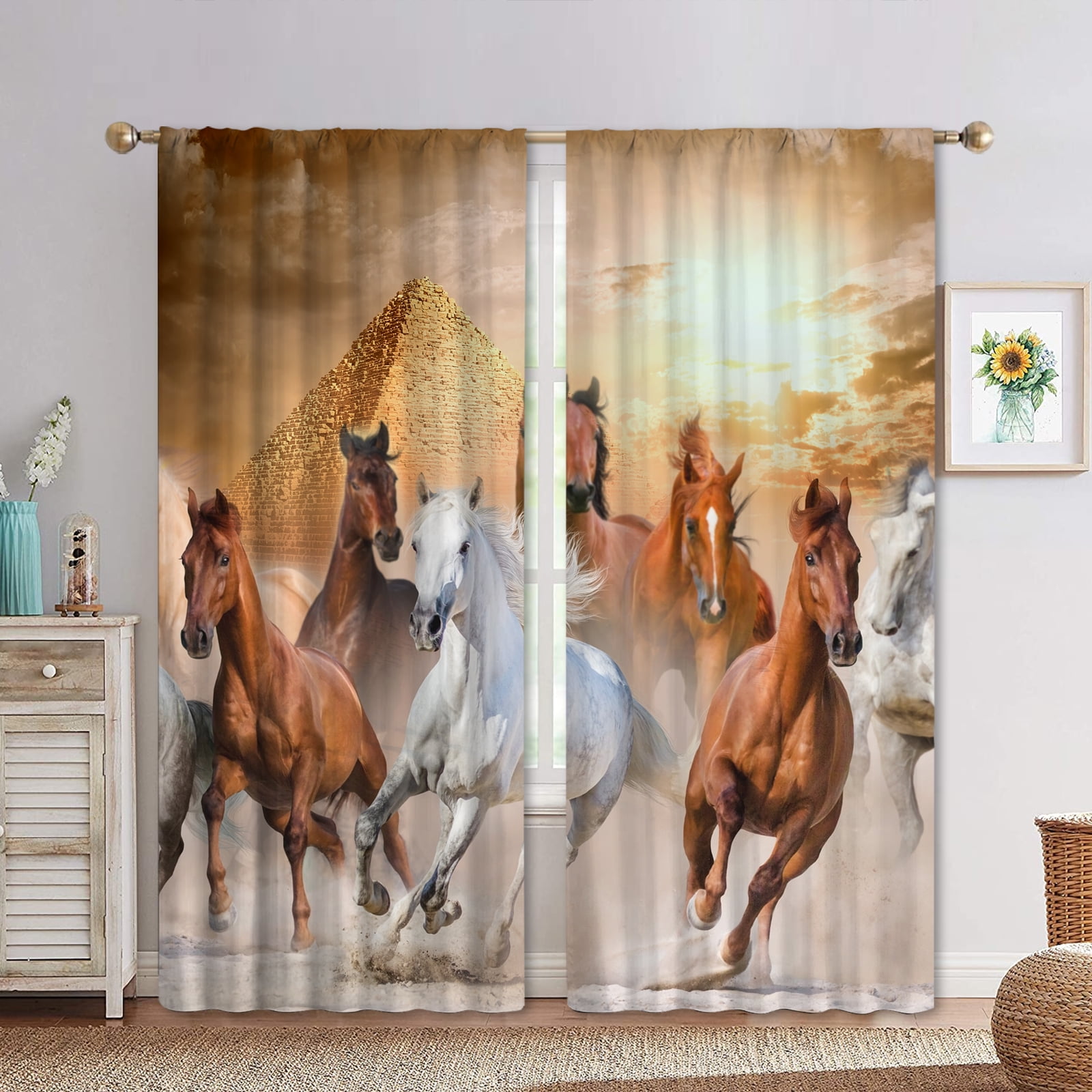 2pcs Black White Horses Competing Racing Printing Window Curtains for ...