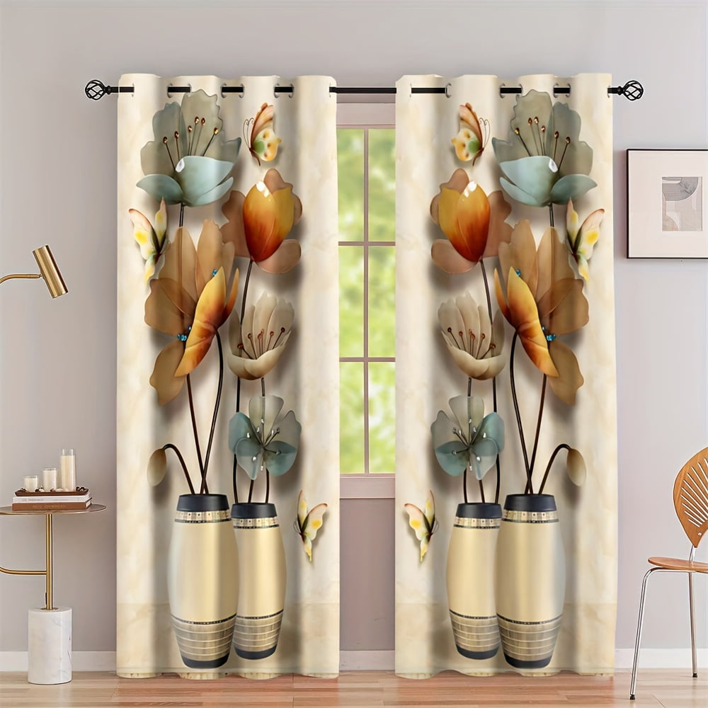2pcs Blue Bottom White Vase Printed Translucent Curtains Living Room ...