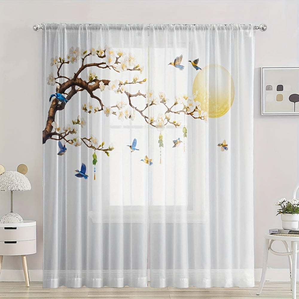 2pcs Blue Lined Ink Blue Flower Spring Scenery Pattern Window Yarn Home ...
