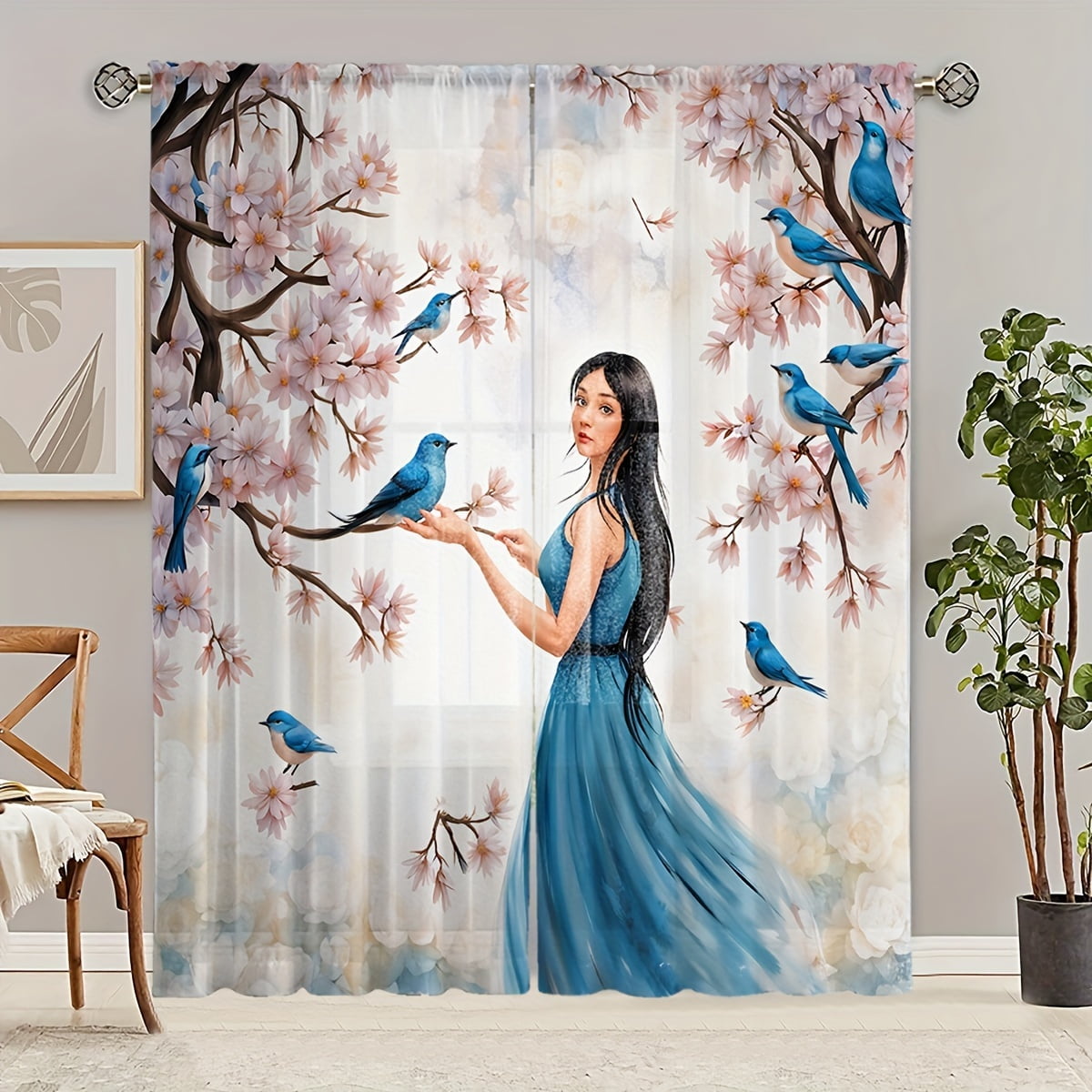 2pcs Blue Lined Ink Blue Flower Spring Scenery Pattern Window Yarn Home ...