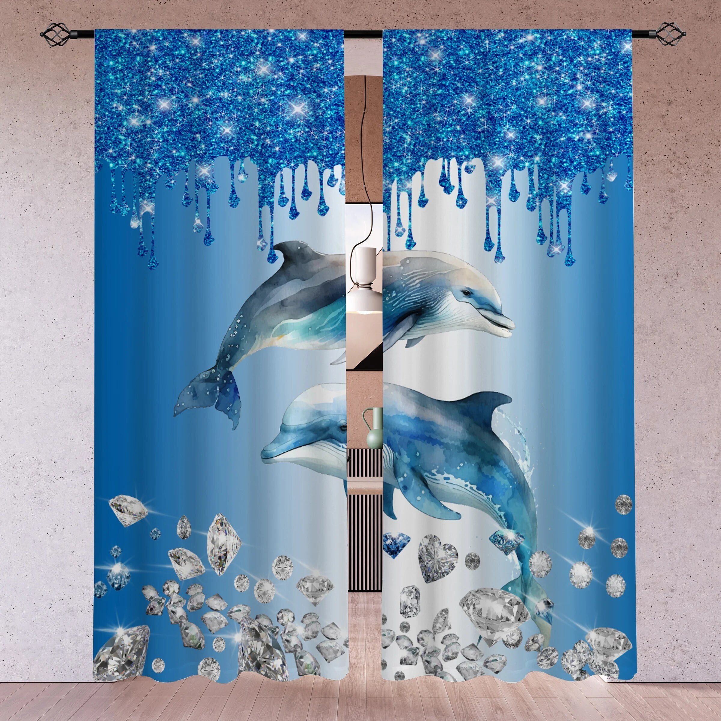 2pcs Blue Rod Pocket Curtain Digital Printed Curtain For Living Room ...