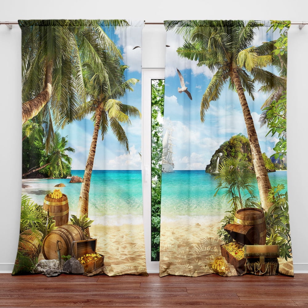 2pcs Blue Sky Palm Tree Beach 3D Digital Printing Curtain Household ...